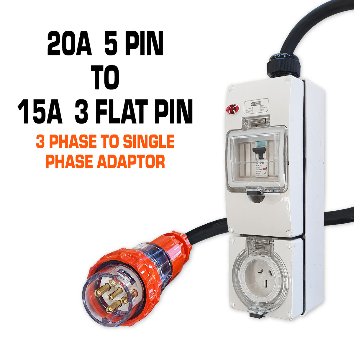 3 Phase to Single Phase Adaptor - 20A 5 Pin to 15A Flat Pin with RCBO ...