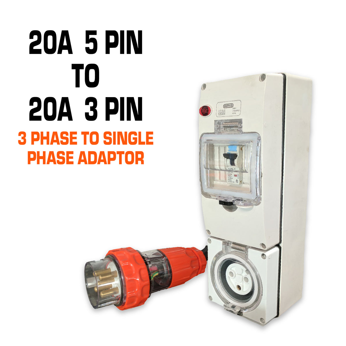 3 Phase to Single Phase Adaptor - 20A 5 Pin to 20A Round Pin with RCBO ...