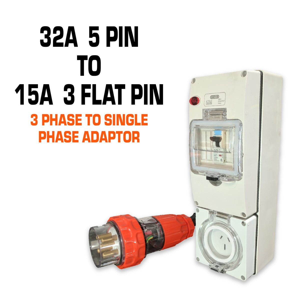 3 Phase to Single Phase Adaptor - 32A 5 Pin to 15A Flat Pin with RCBO ...