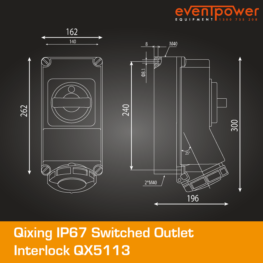 Qixing IP67 Switched Socket Outlet Interlock - 63A 5 Pin 6H QX5113 ...