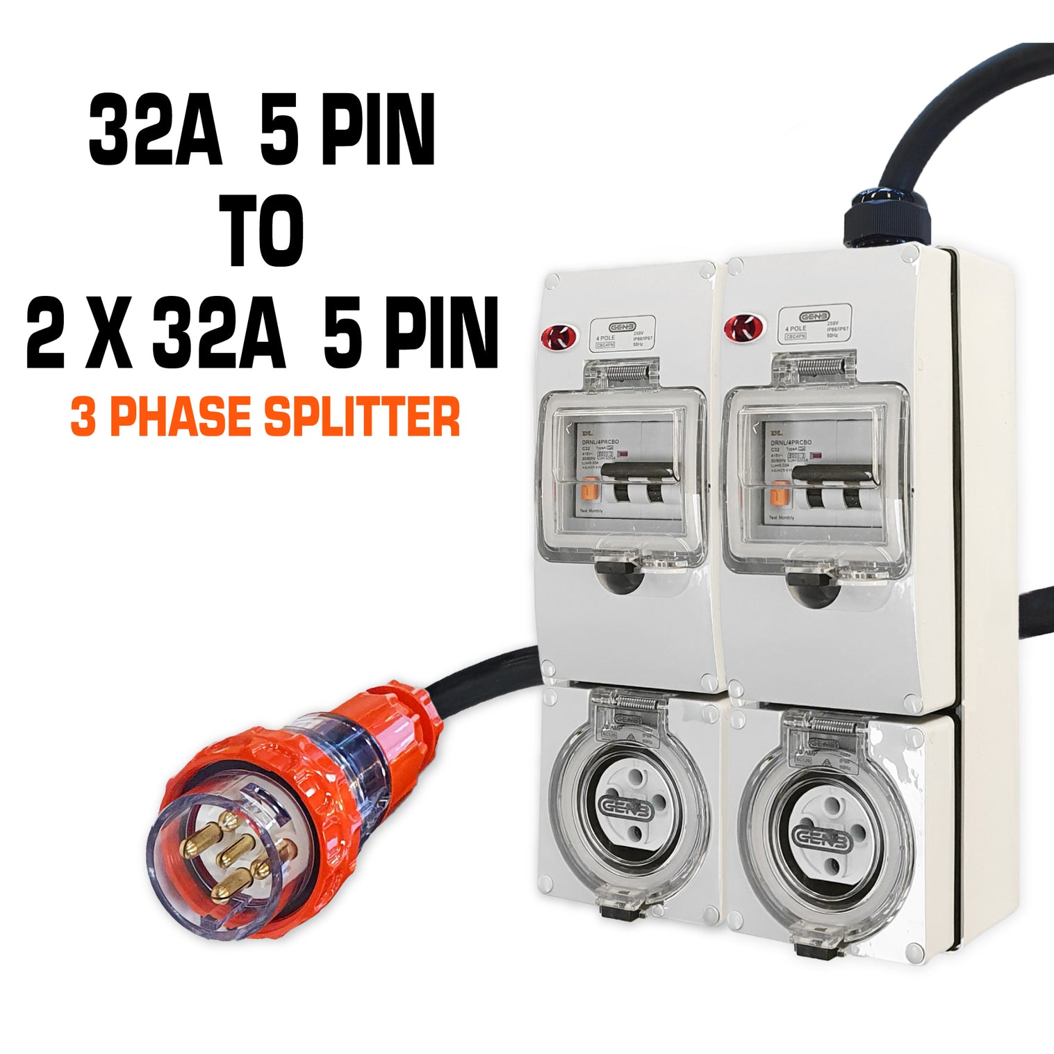 3 Phase Adaptor - 32A to 2x32A Splitter with RCBO – EVENTPOWER EQUIPMENT