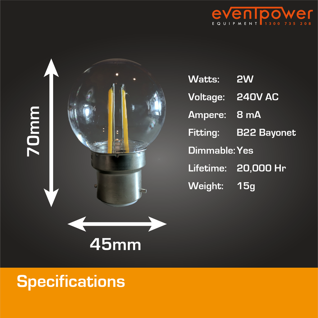2W PolyCarb Clear Red LED dimmable B22 Bayonet – EVENTPOWER EQUIPMENT